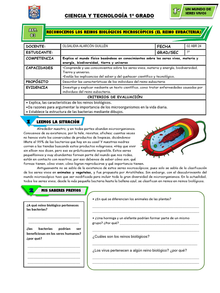 Act 3 Cyt 1º Grado U1 - 02 Abr 24 | PDF | Las bacterias | Biología Celular)