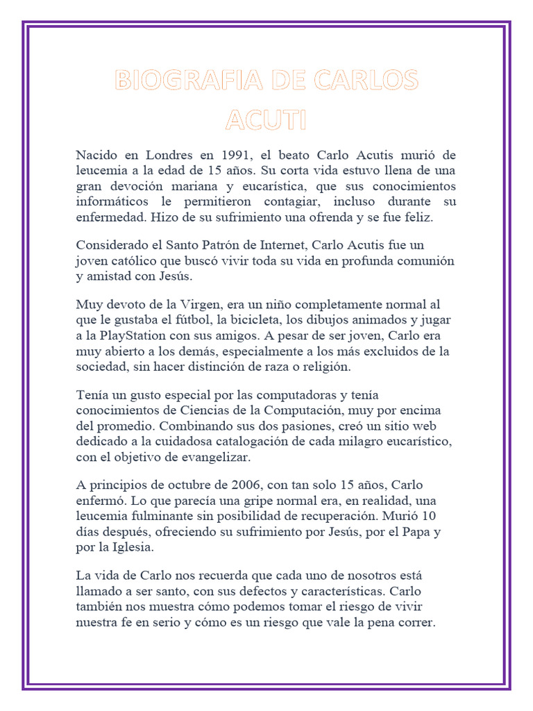 Biografía de Carlo Acutis: Santo Patrón de Internet | PDF | Religión y ...