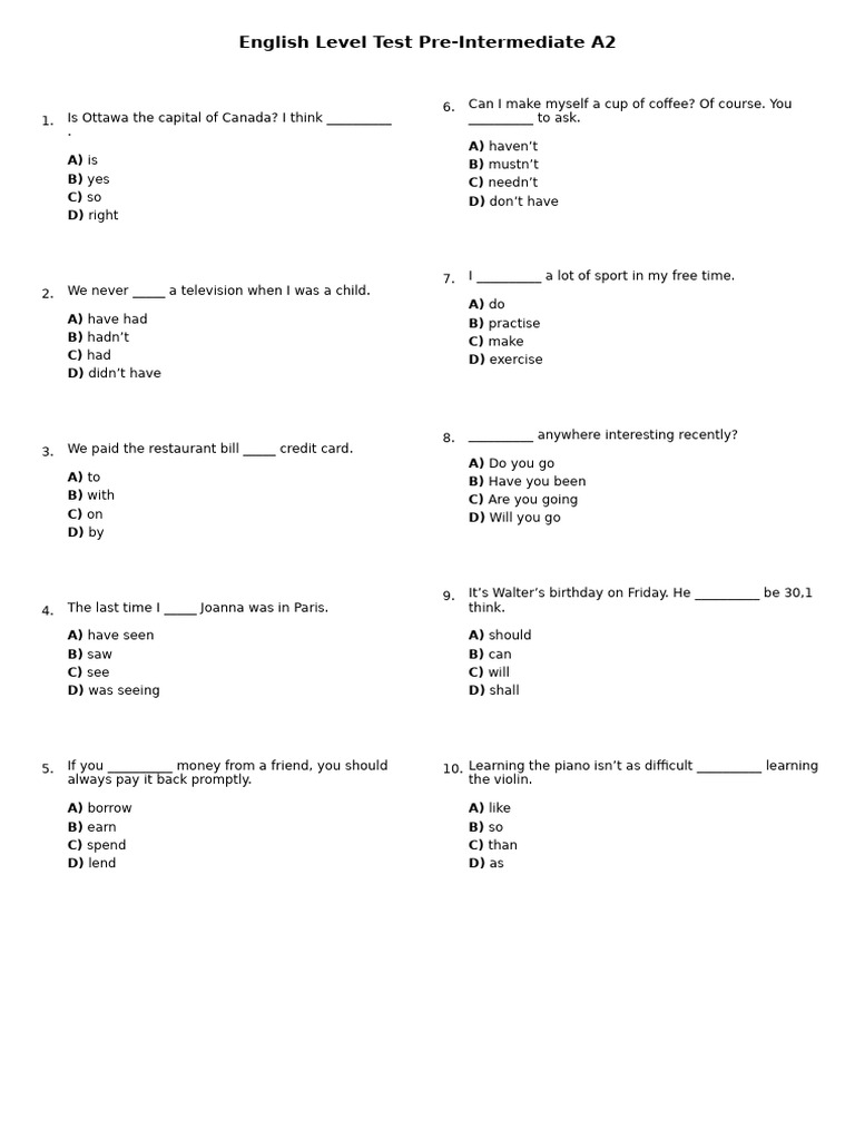 Pre-Intermediate English Test A2 | PDF