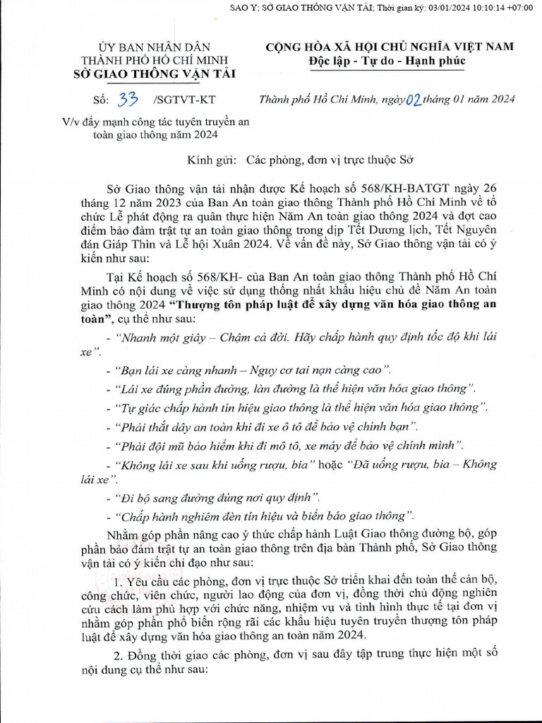 33-SGTVT-KT Tuyen Truyen Khau Hieu An Toan Giao Thong Nam 2024 | PDF