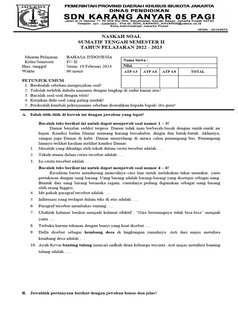 SOAL STS B.INDO Kelas 4 Semester 2 | PDF | Kajian Bahasa Asing | Fiksi Umum
