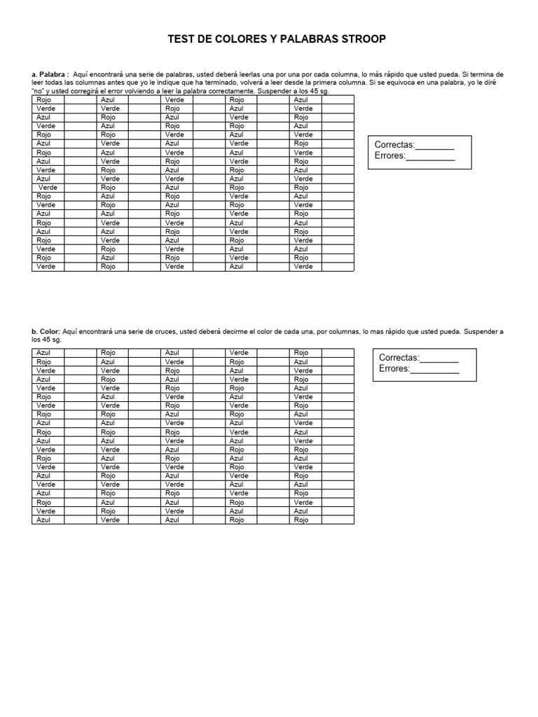 Test Stroop: Palabras y Colores | PDF | Verde | Azul