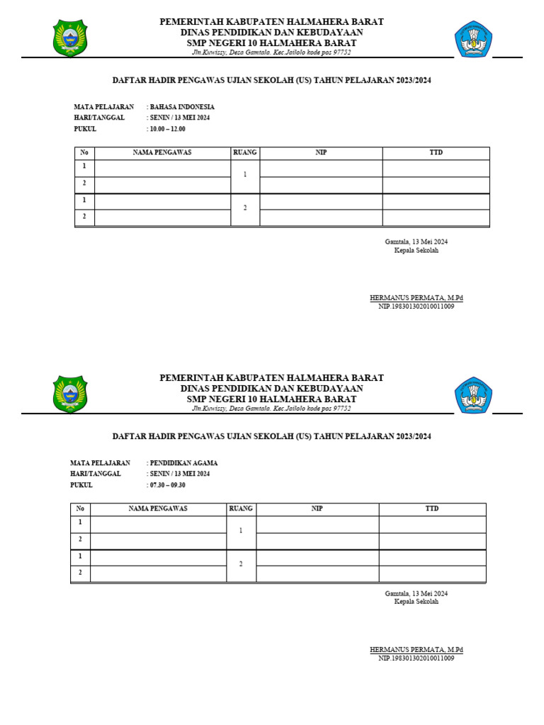 Daftar Hadir Pengawas Us 2024 | PDF