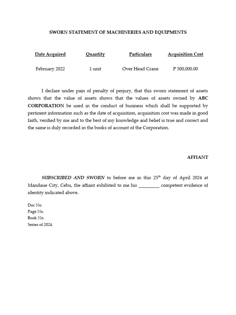 Sworn Statement of Machineries and Equipments | PDF