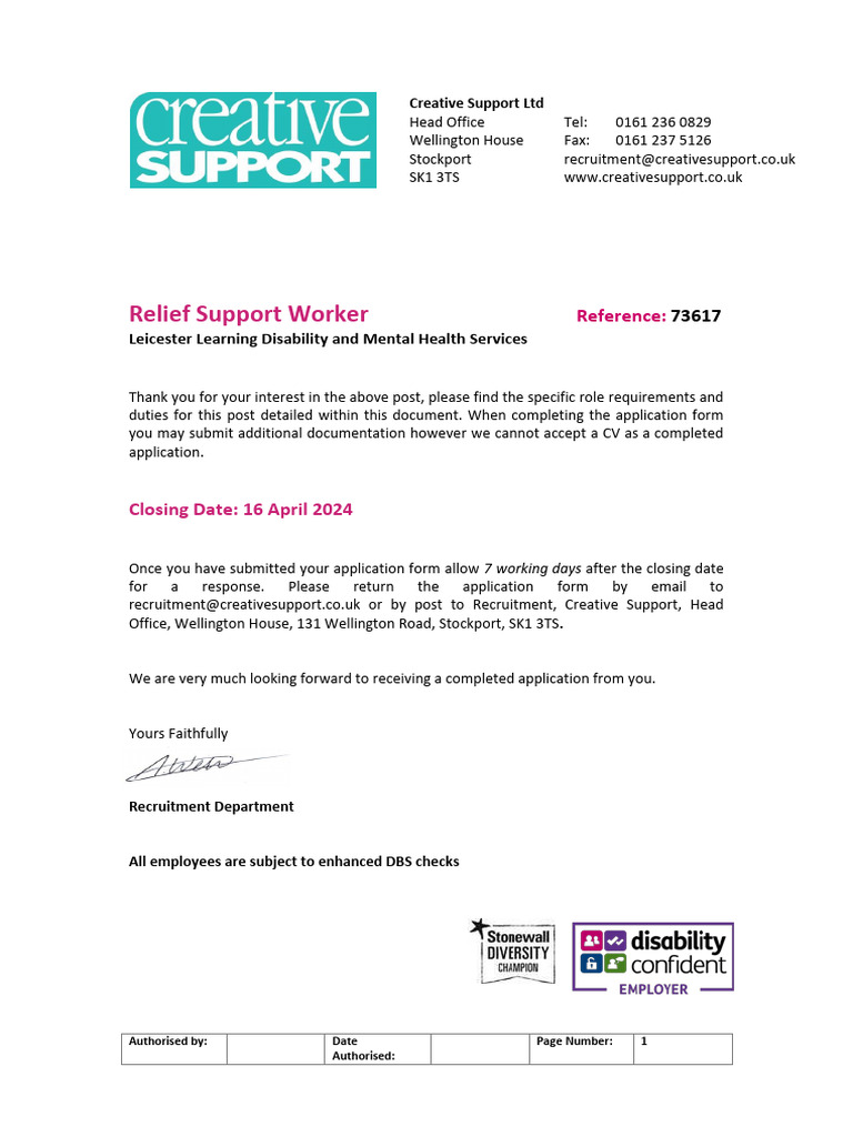 Ref 73617 Relief Support Worker Leicester 1 | PDF | Mental Health ...