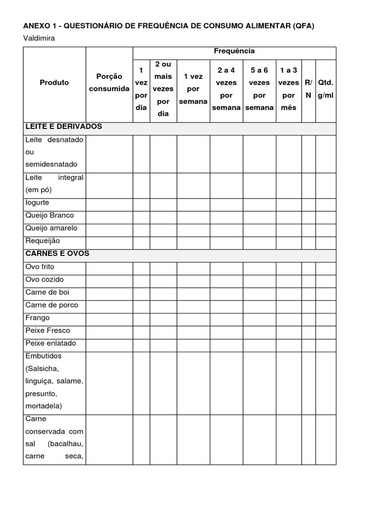 Questionário de Frequência Alimentar | PDF | Alimentos | Carne