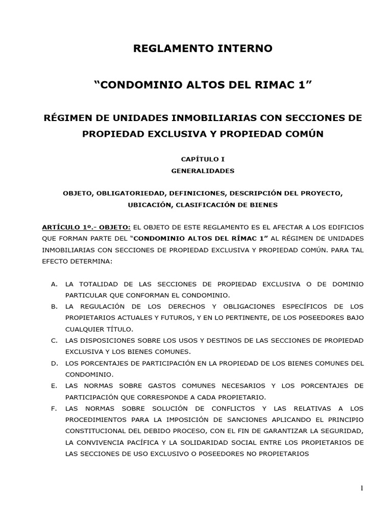 Reglamento Interno Inscrito - Altos 1 | PDF | Condominio | Propiedad