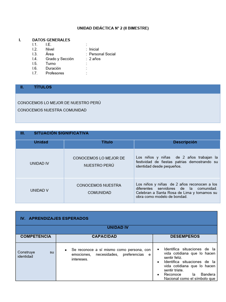 Unidad Didáctica 2 - 2 Años - Personal Social - Ii Bimestre 2019 | PDF | Perú