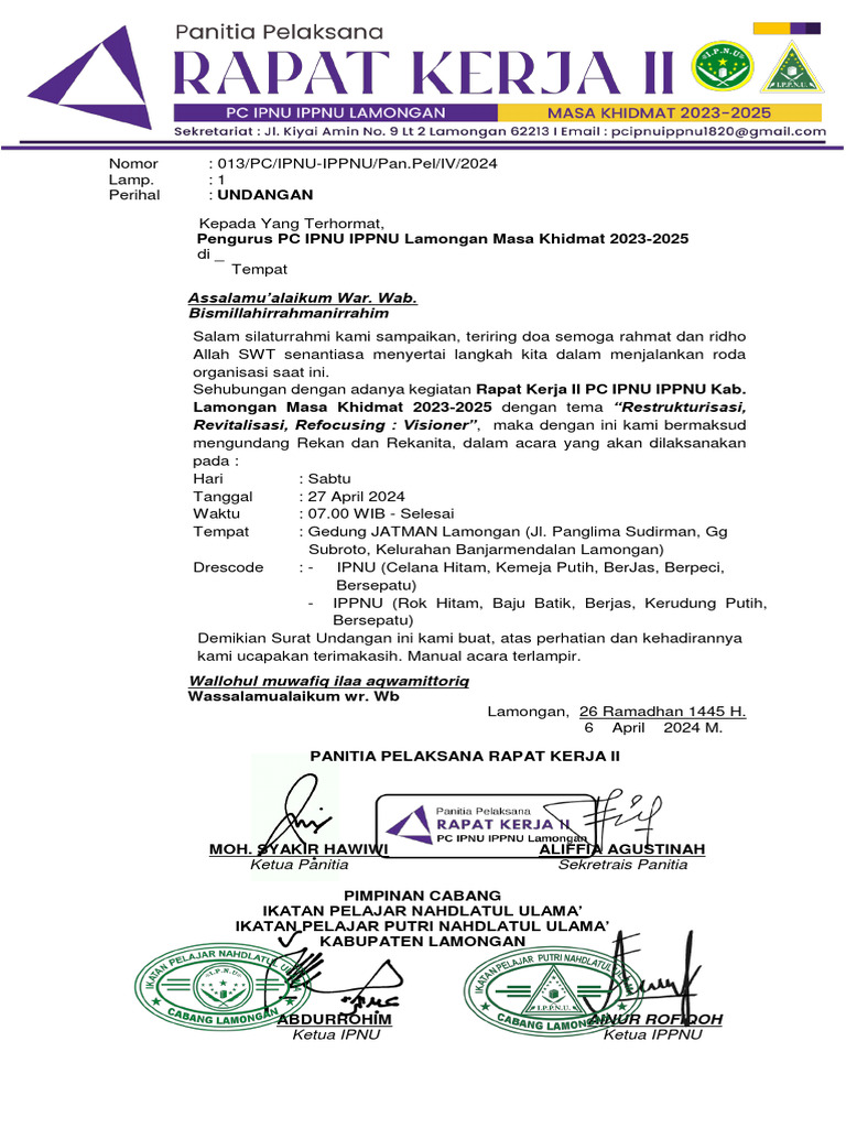Undangan Pengurus PC IPNU IPPNU Lamongan Masa Khidmat 2023-2025 | PDF