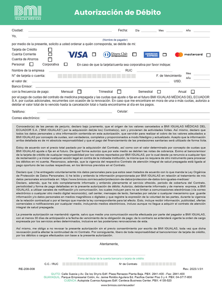 Autorizacion de Debito Bmi Igualas Medicas (Clientes) | PDF | Tarjeta ...