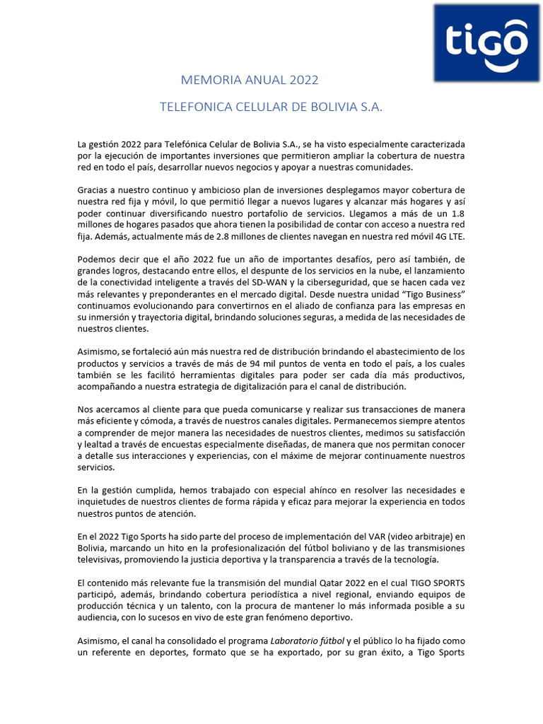 Memoria Anual TELECEL 2022 | PDF | Bolivia | Telefonía móvil