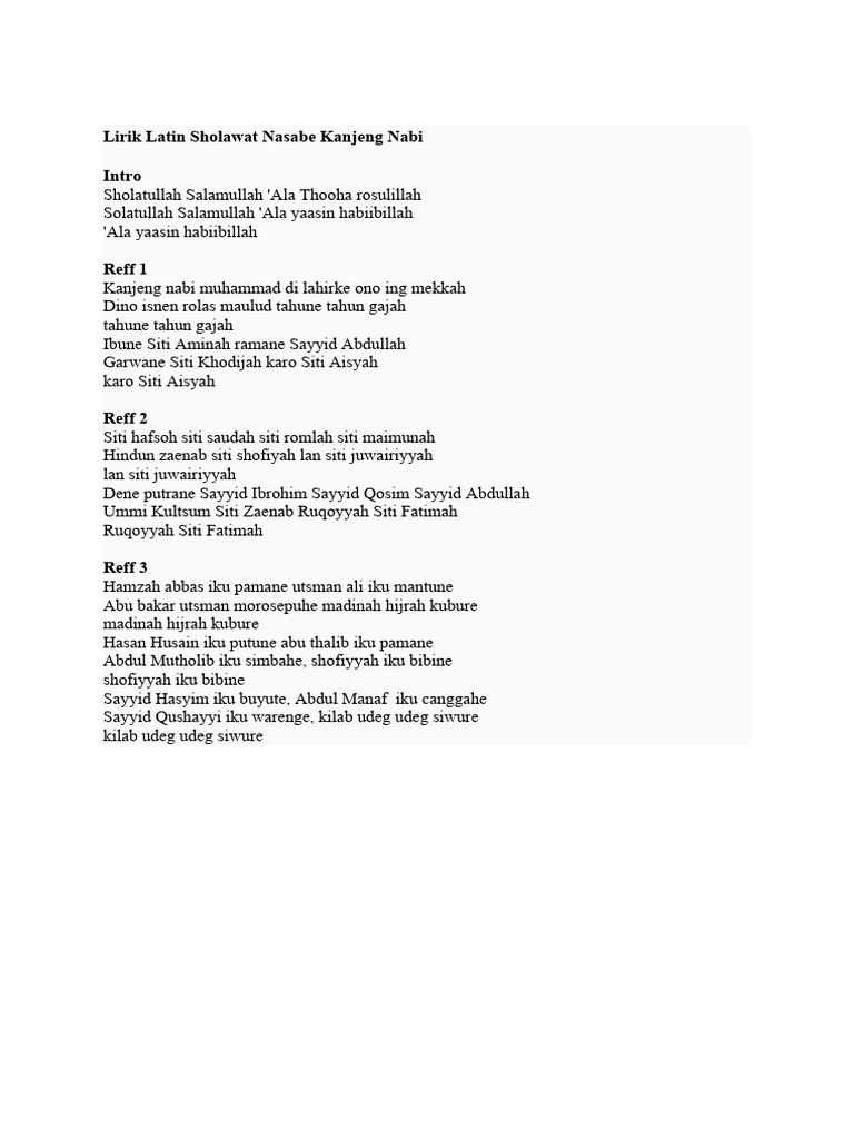 Lirik Latin Sholawat Nasabe Kanjeng Nabi | PDF