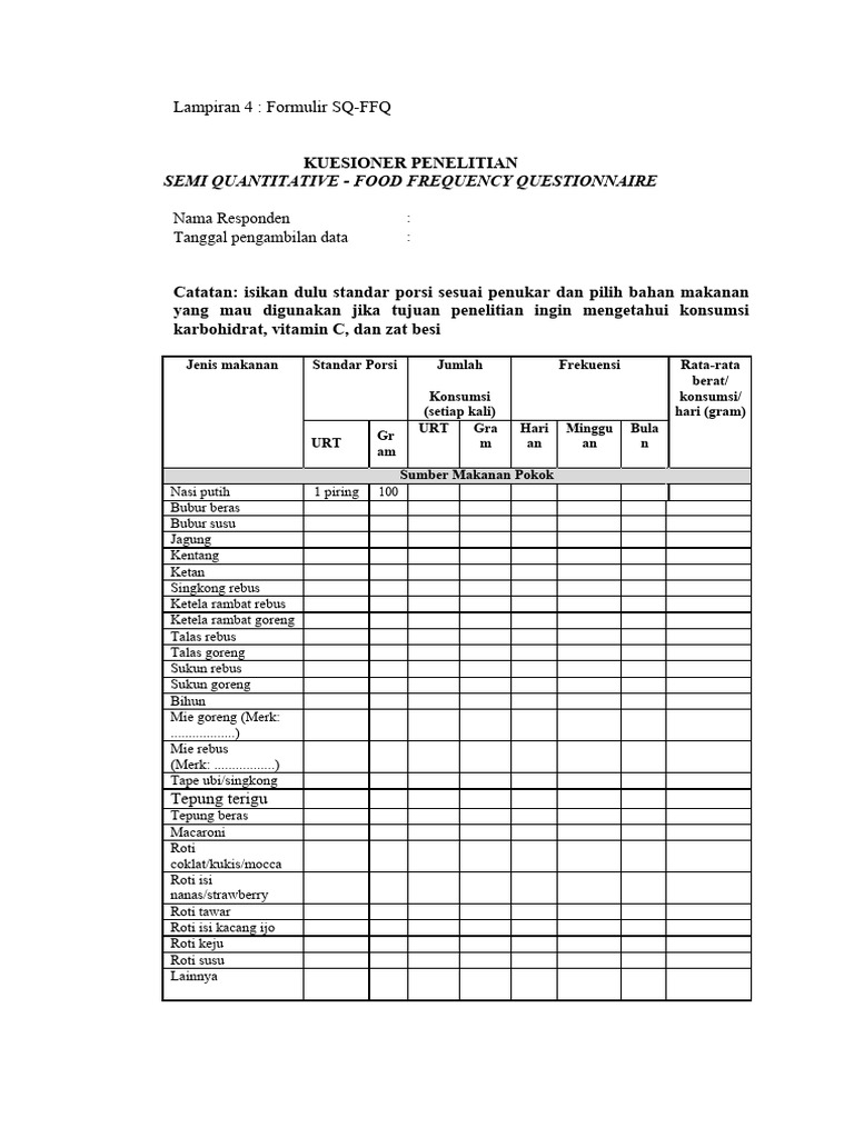 Lampiran 4. FORMULIR FFQ | PDF