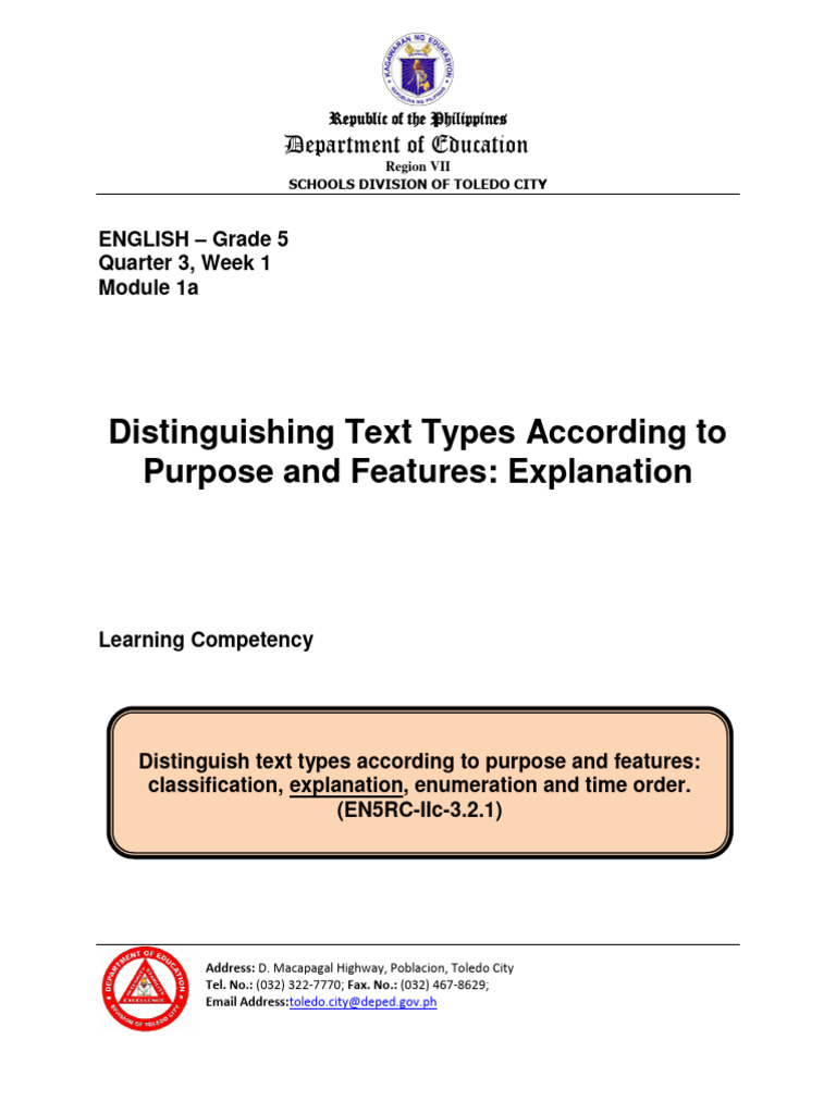 Eng5 - q3 - Week1 - Mod1a - Distinguishing Text Types According Purpose ...