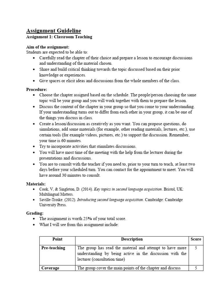 Assignment 1 Guideline Classroom Teaching | PDF | Classroom | Second ...