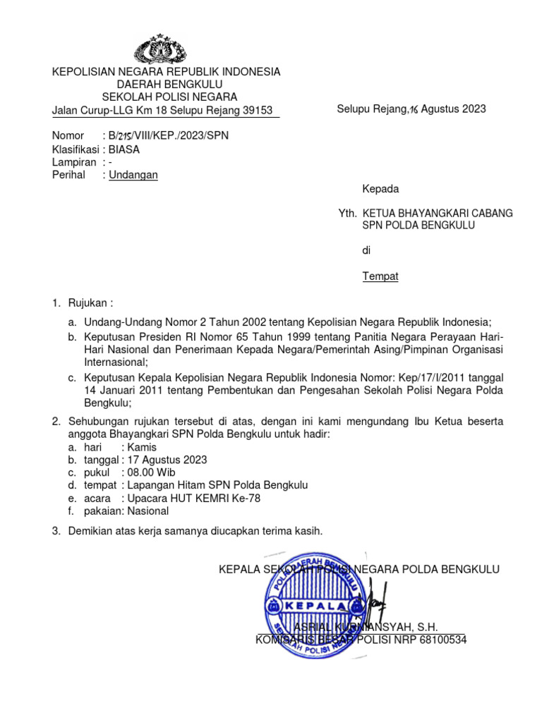 Undangan Bhayangkari-Upacara Hut Kemri Ke-78 | PDF | Ilmu Sosial