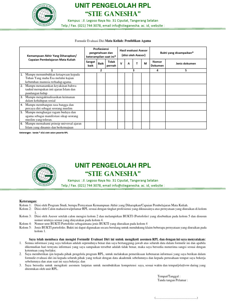 Formulir Evaluasi Diri RPL Stie Ganesha (1) - 4 | PDF