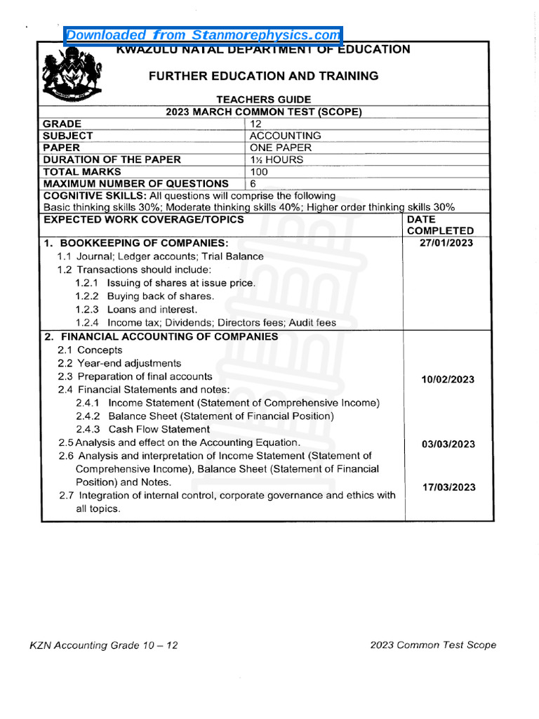 KZN Accounting Grade 12 Scope 2023 | PDF