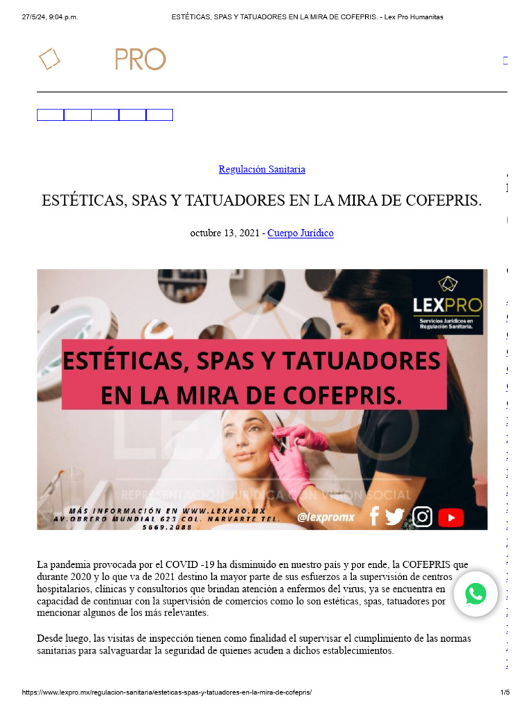 COFEPRIS Vigila Estéticas y Spas | PDF