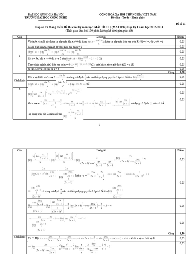 Dap An Va Thang Diem de Thi GT1 Cuoi Ky (Hoc Ky I Nam Hoc 2013-2014) de 1 | PDF