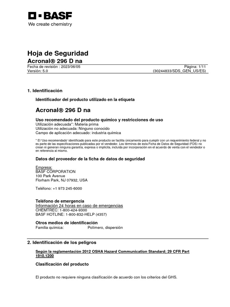 Hoja de Seguridad Acronal 296 D | PDF | Toxicidad | Agua