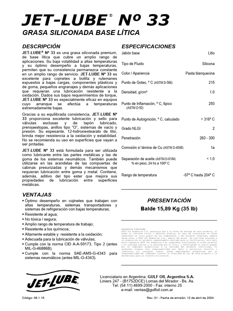 FICHA TECNICA Jet-Lube-33 | PDF | Ingeniería mecánica | Materiales
