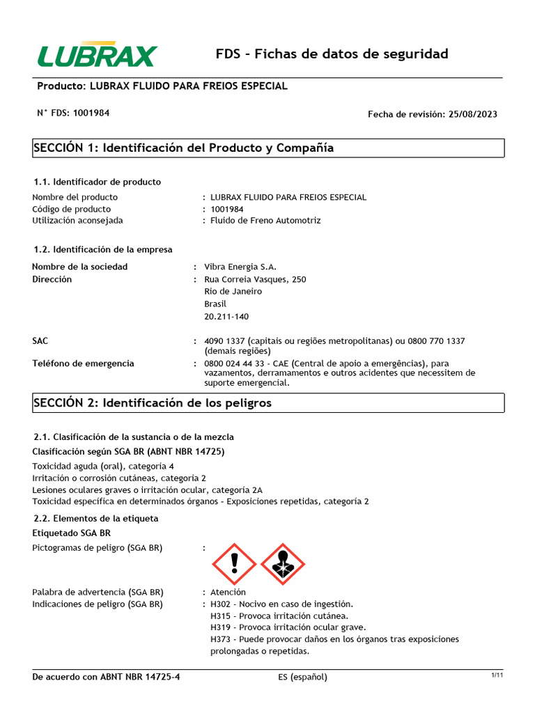 FDS: Lubrax Fluido para Frenos | PDF | Agua