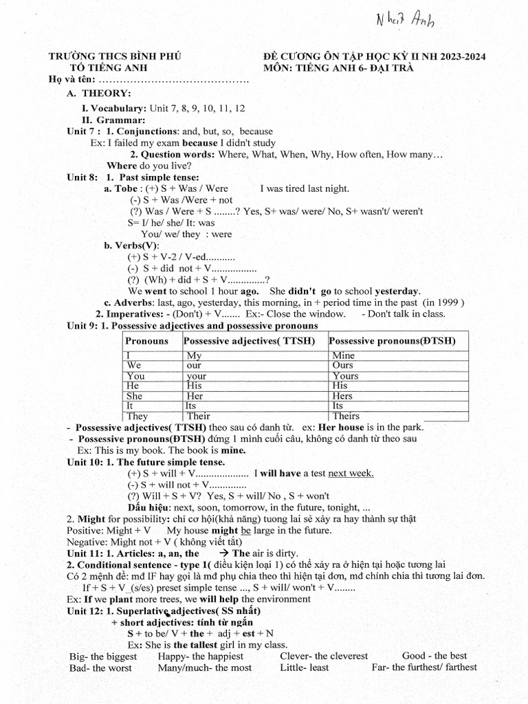 Đề cương lớp 6 HK2 2023-2024 | PDF