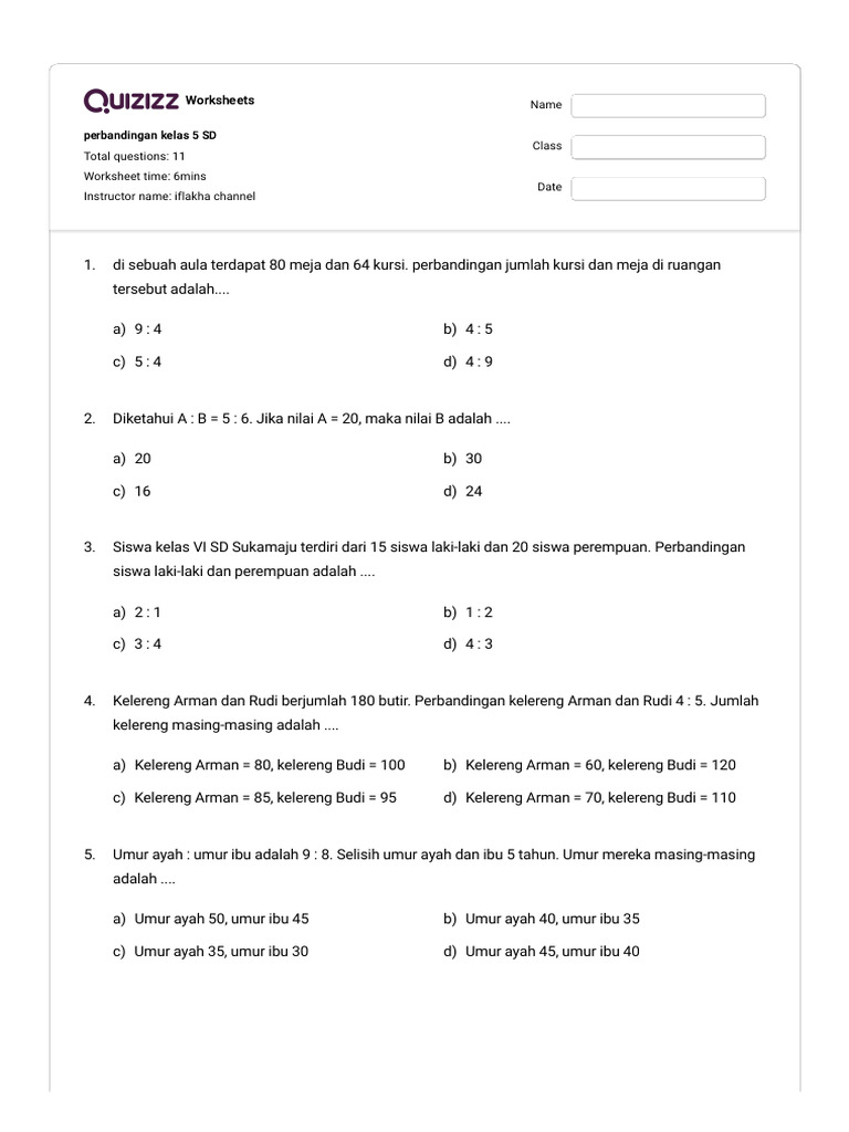 Perbandingan Kelas 5 SD - Quizizz | PDF