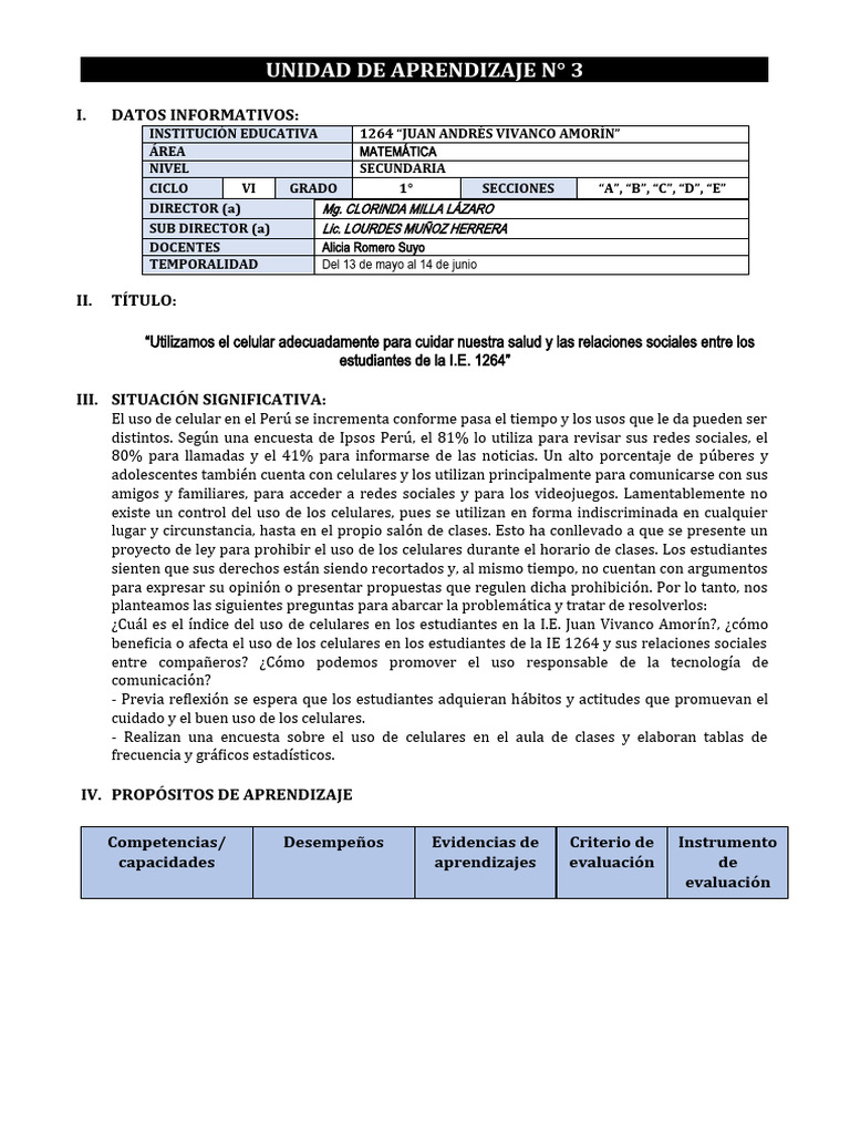 Unidad de Aprendizaje 3 Matematica 1ro. 2024 | PDF | Evaluación | Estadísticas