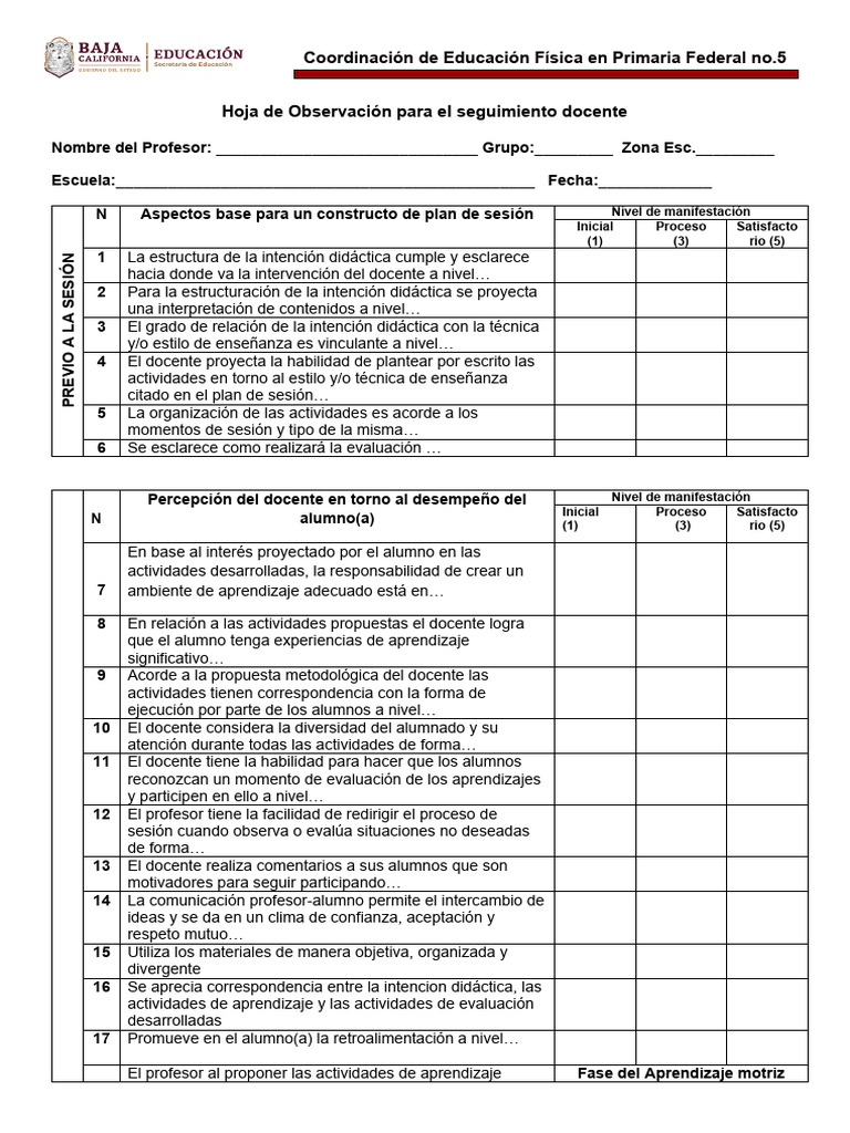 Hoja de Observación Modificada | Descargar gratis PDF | Enseñando ...