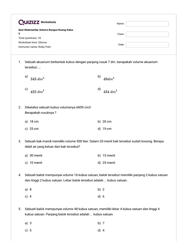 Soal Matematika Volume Bangun Ruang Kelas 5 - Quizizz | PDF