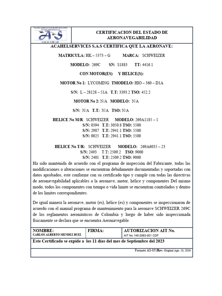 CERTIFICACION DEL ESTADO DE AERONAVEGABILIDAD HK-5373-G | PDF