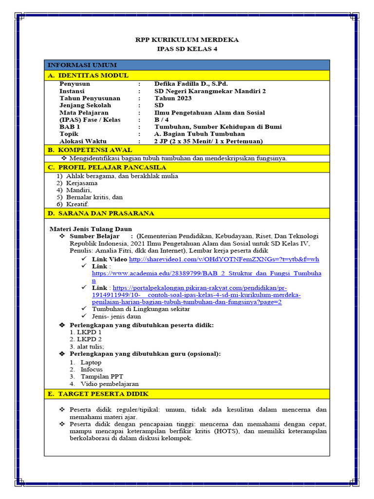RPP Atau Modul Ajar IPAS-Kelas 4 Sem 1 | PDF