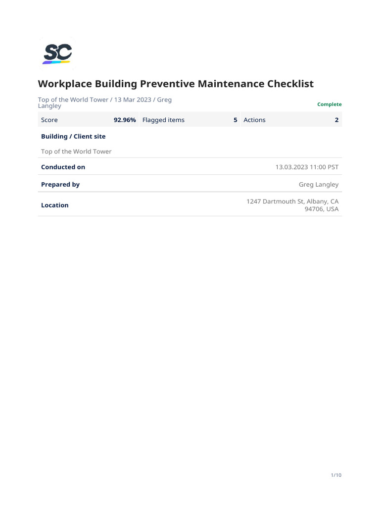 Office Building Maintenance Checklist Sample PDF Report | PDF ...