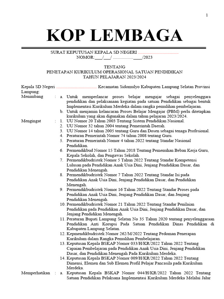SK Penetapan KOSP Kurikulum Merdeka Mandiri Berubah Sidomulyo-1 | PDF | Seni
