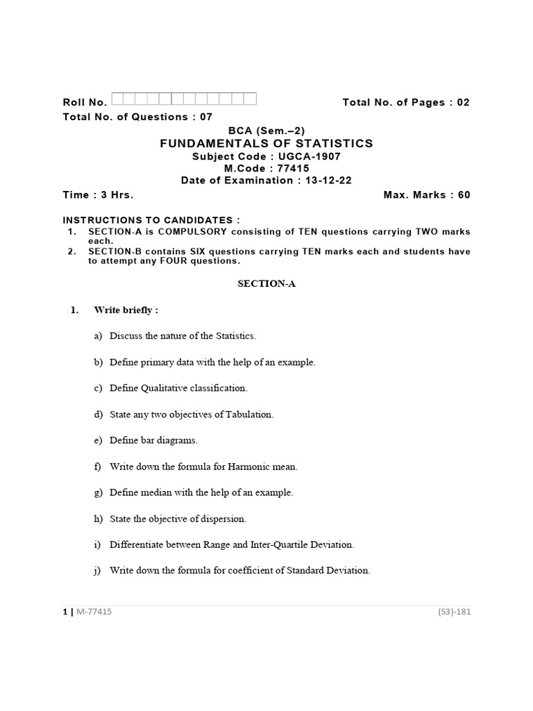 BCA 2nd Sem Fundamentals of Statistics Exam | PDF | Statistics ...