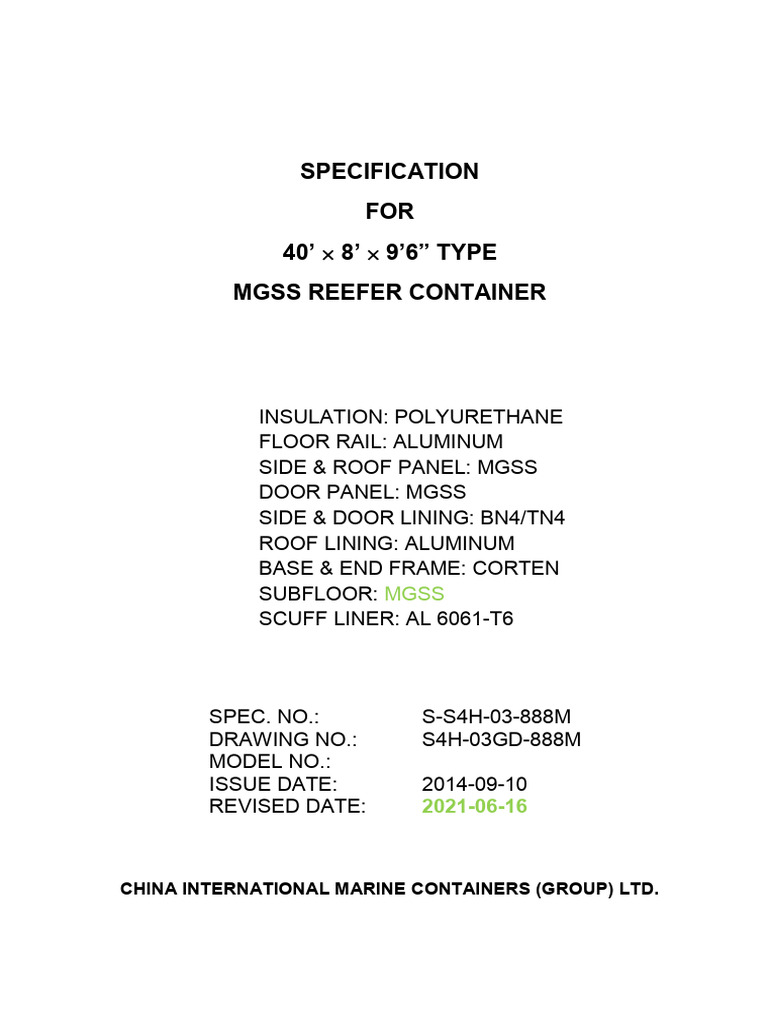 Specification FOR 40' 8' 9'6" TYPE Mgss Reefer Container | PDF | Door ...