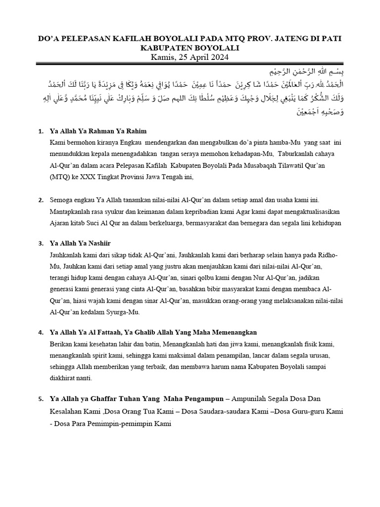 Doa Pelepasan Kafilah MTQ Kab. Boyolali 2024 | PDF