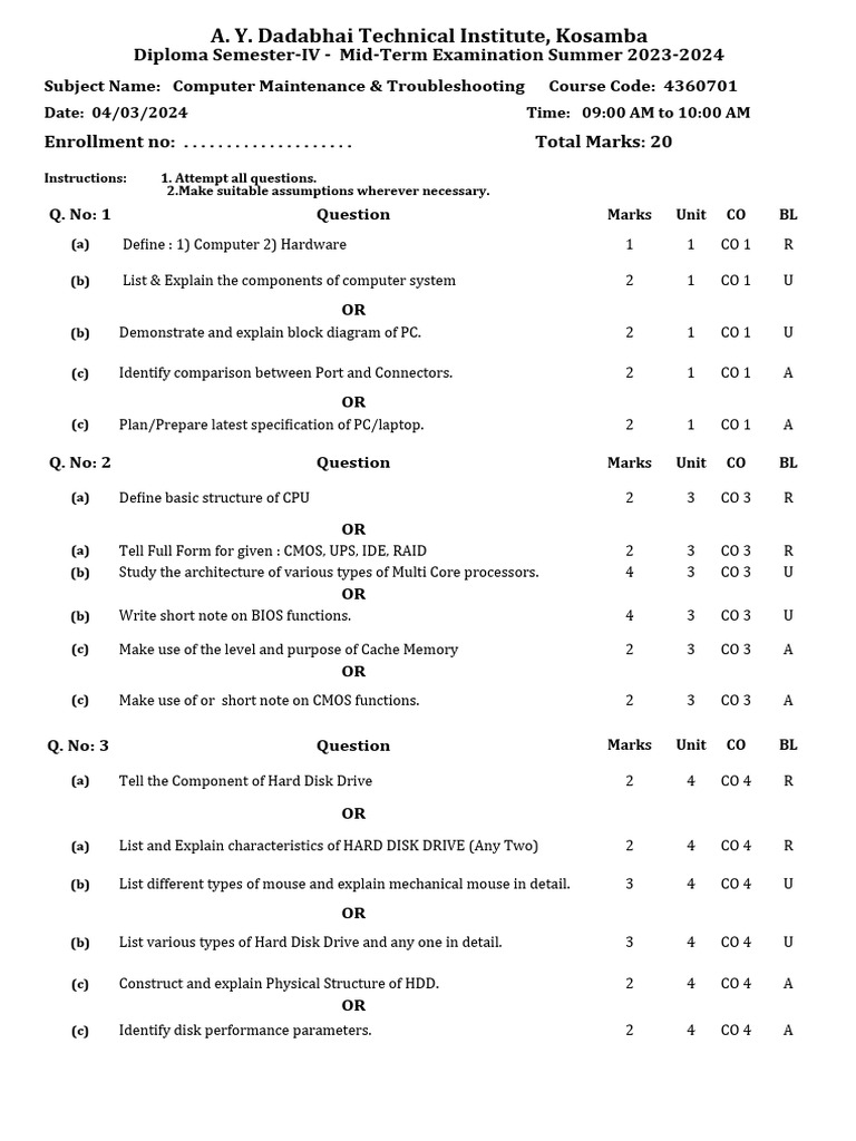 CM MID 1 SUMMER 2024 | PDF | Central Processing Unit | Personal Computers