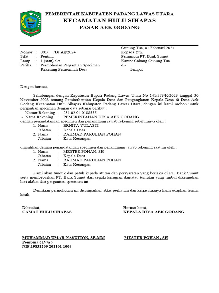 Surat Pergantian Specimen Desa | PDF Surat Pergantian Specimen Desa | PDF