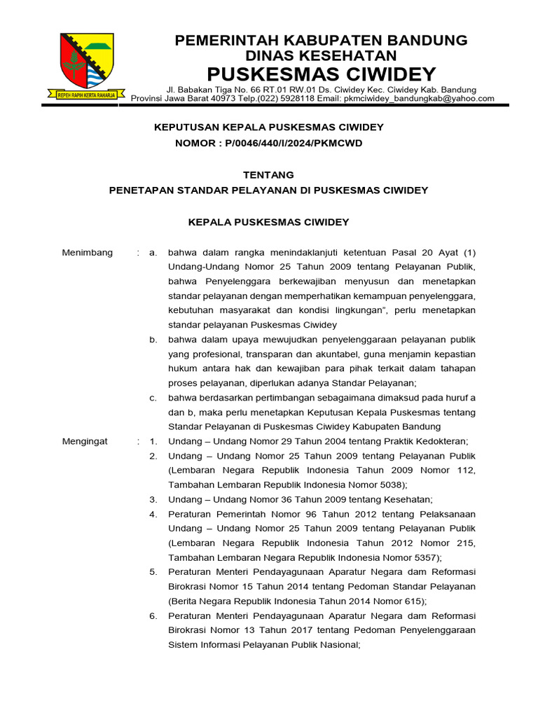 SK Standar Pelayanan PKM Ciwidey 2024 | PDF