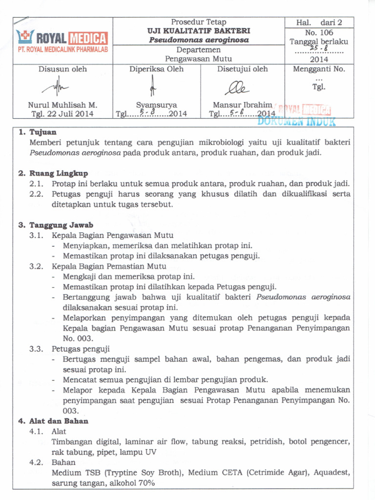 106 - Protap Uji Kualitatif Bakteri Pseudomonas Aeroginosa | PDF