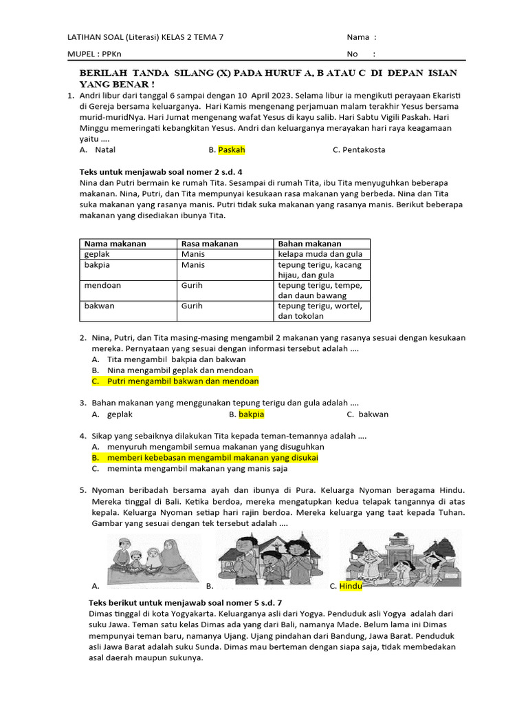 LATIHAN SOAL LITERASI PPKN TEMA 7 | PDF