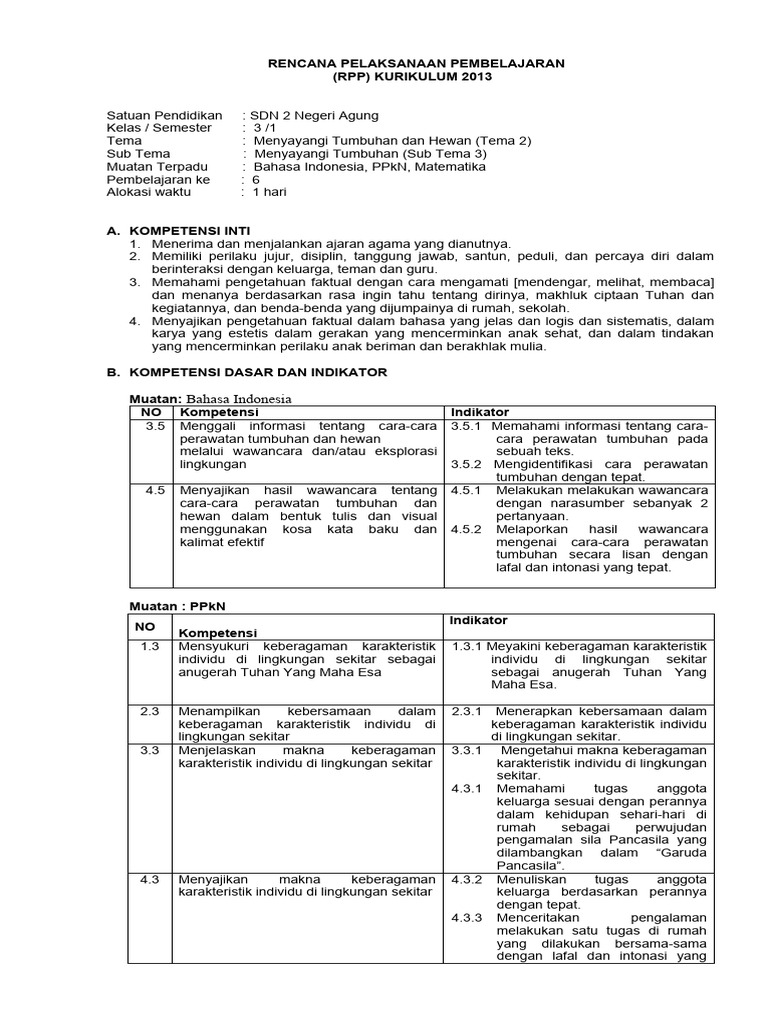 RPP Kelas 3. Tema 2. Subtema 3. Pertemuan 6 | PDF