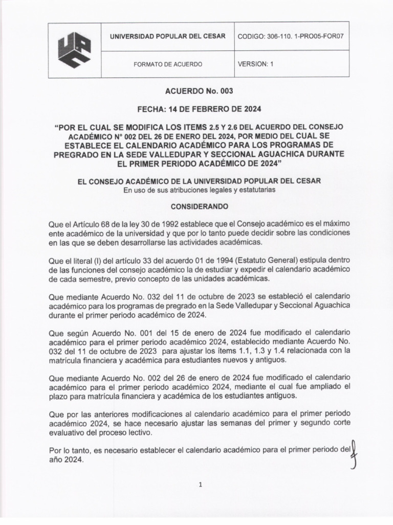 Acuerdo No. 003 Del 14 de Febrero de 2024 - Modificación de Calendario Académico 2024-1 | PDF