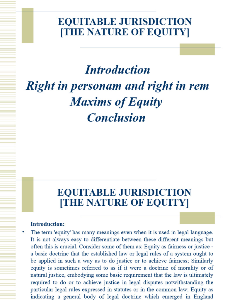 Equitable Jurisdiction The Nature of Equity Equity & Trust I | PDF | Equity (Law) | Legal Remedy