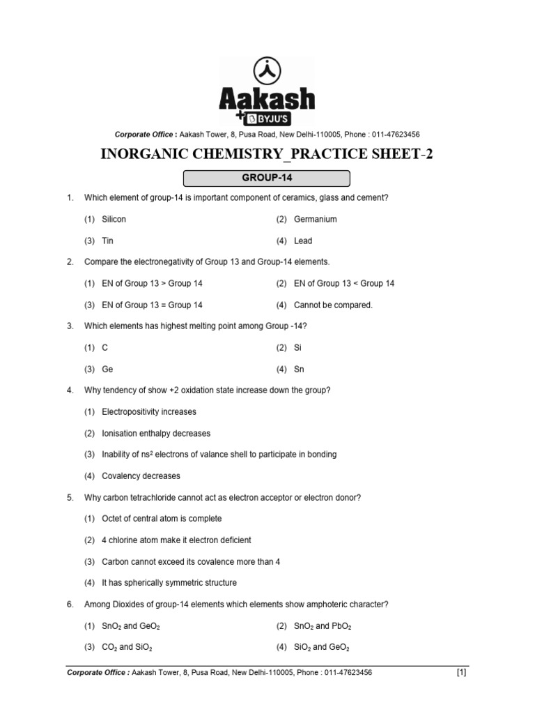 Inorganic Chemistry - Practice Sheet-2 - Only Question | PDF | Chemical ...