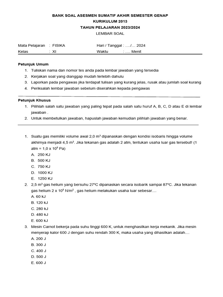 Soal - Fisika - ASAS Genap 2024 - Kls XI - K13 | PDF