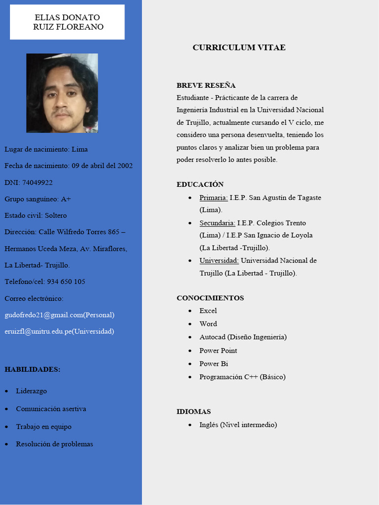 Elias Donato Ruiz Floreano: Curriculum Vitae | PDF